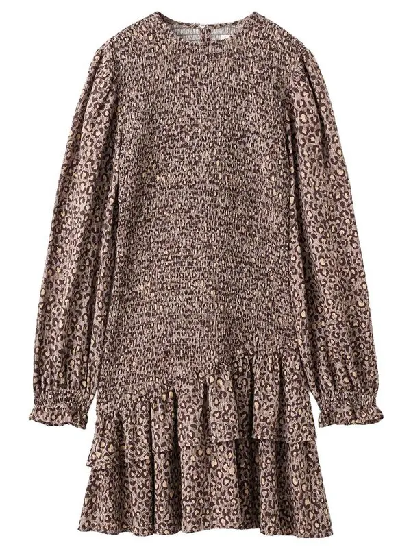 Mango Smocked Leopard Print Long Sleeve Dress - Brown