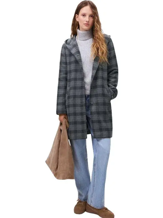 Mango Plaid Hooded Coat - Navy