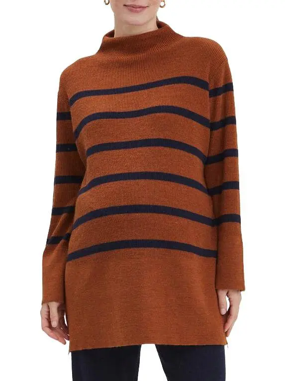 NOM MATERNITY Sarabeth Mock Neck Sweater - Brown Navy Stripe
