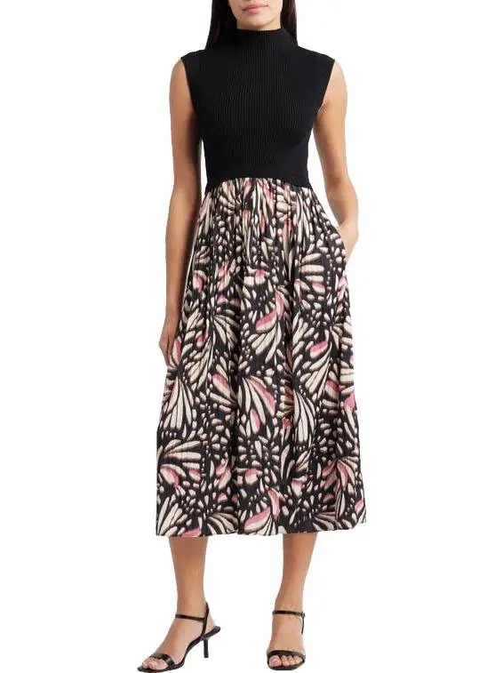 Vince Camuto Sleeveless Mixed Media Midi Dress - Black Multi