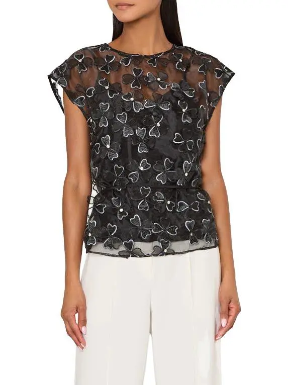 MILLY Ryan Clover Bow Rhinestone Organza Top - 5aa Black