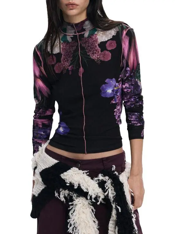 Desigual Long Sleeve Floral Top - Black