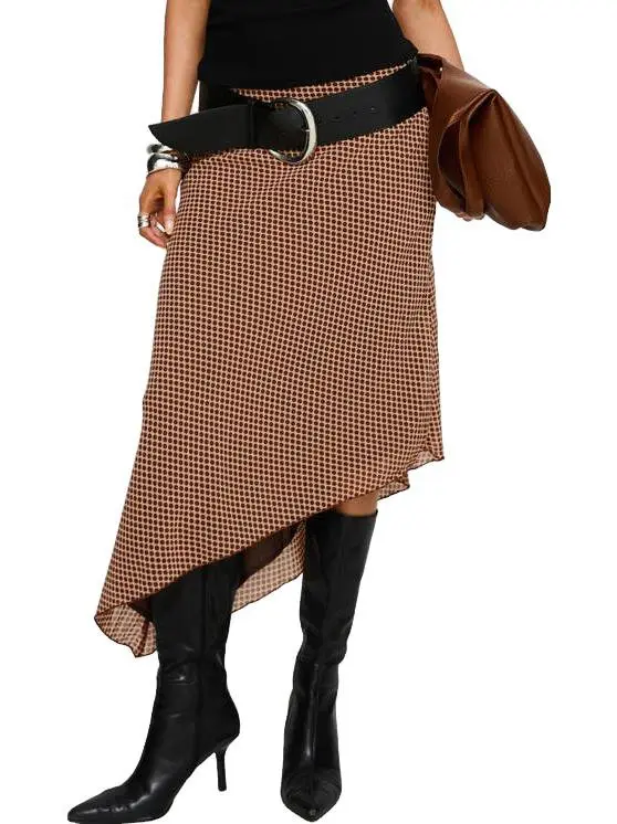 Princess Polly Suella Polka Dot Asymmetric Midi Skirt - Brown Polka Dot