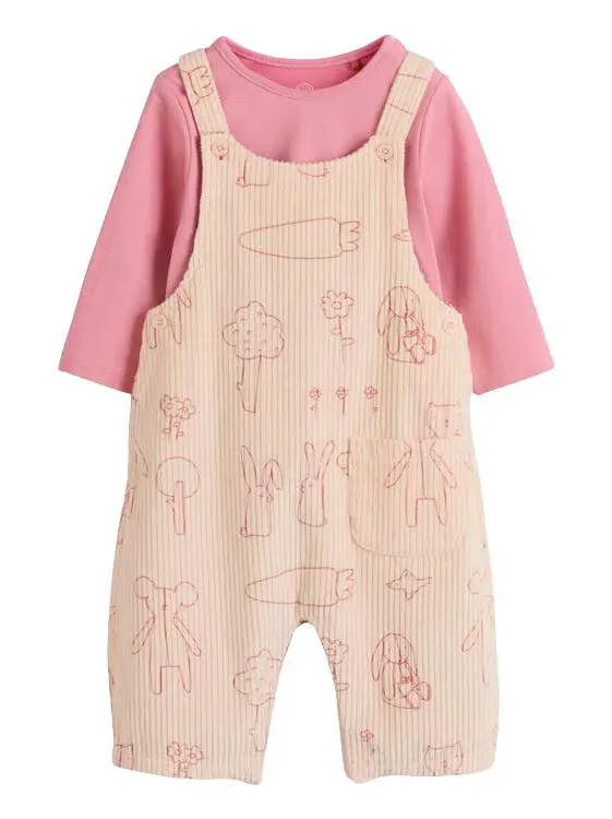 NEXT T-shirt And Print Corduroy Overalls Set - Cream/pink Character