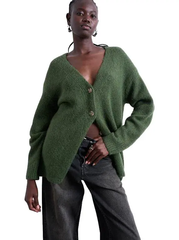 Topshop V-neck Longline Cardigan - Khaki Green