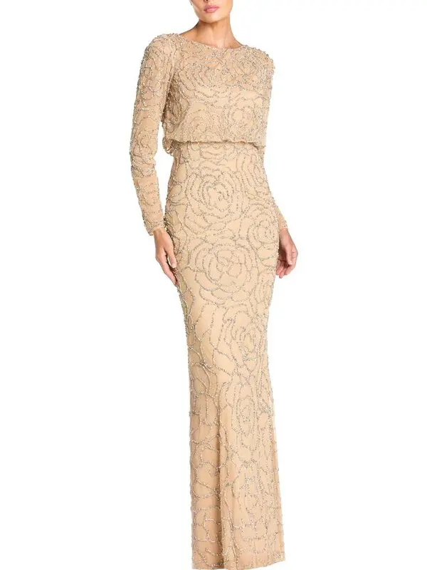 Mac Duggal Floral Beaded Blouson Gown - Nude Silver