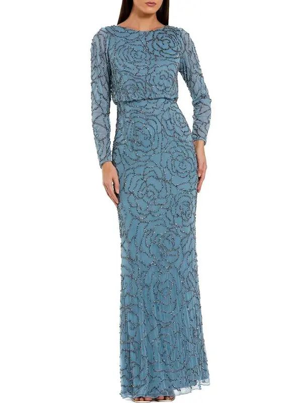 Mac Duggal Floral Beaded Blouson Gown - Smoky Blue