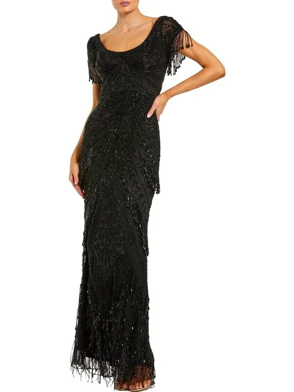 Mac Duggal Beaded Mesh Fringe Short Sleeve Column Gown - Black