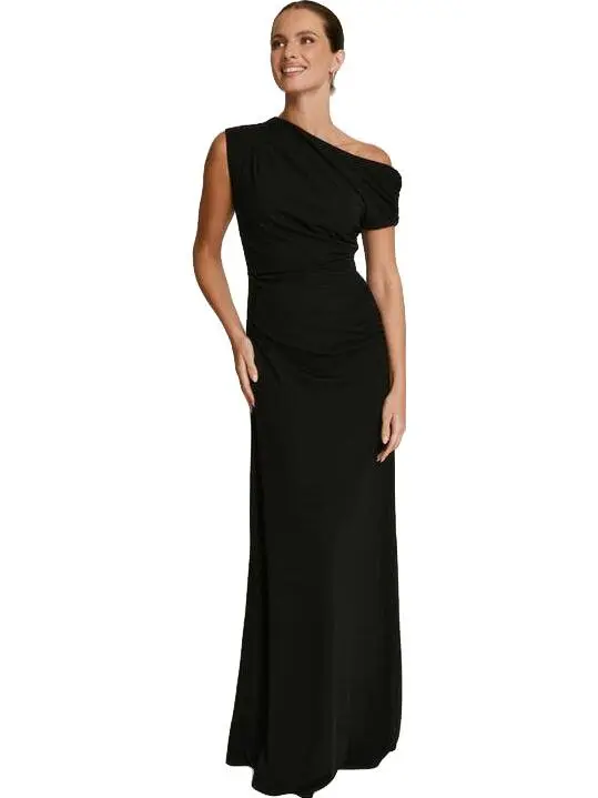 SIX STORIES Slash Neck Draped Bridesmaid Dress - Black