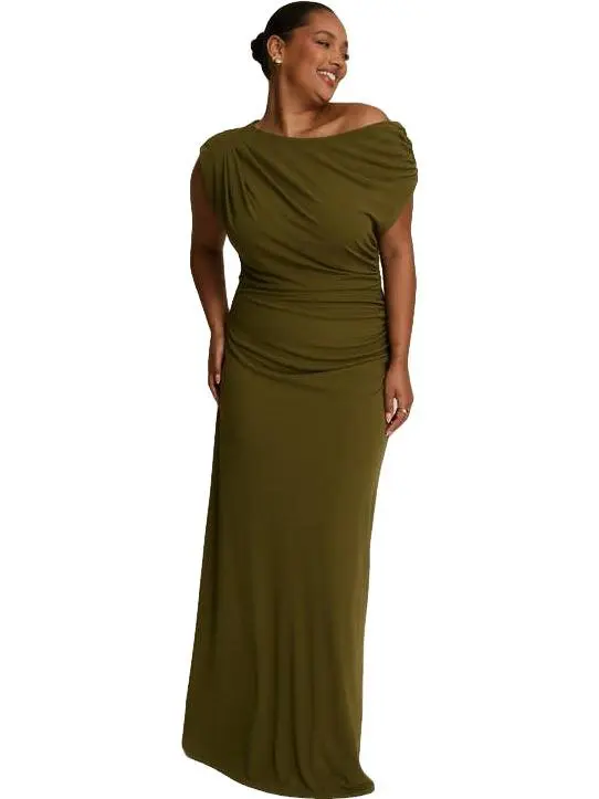 SIX STORIES Draped Slash Neck Maxi Dress - Fern