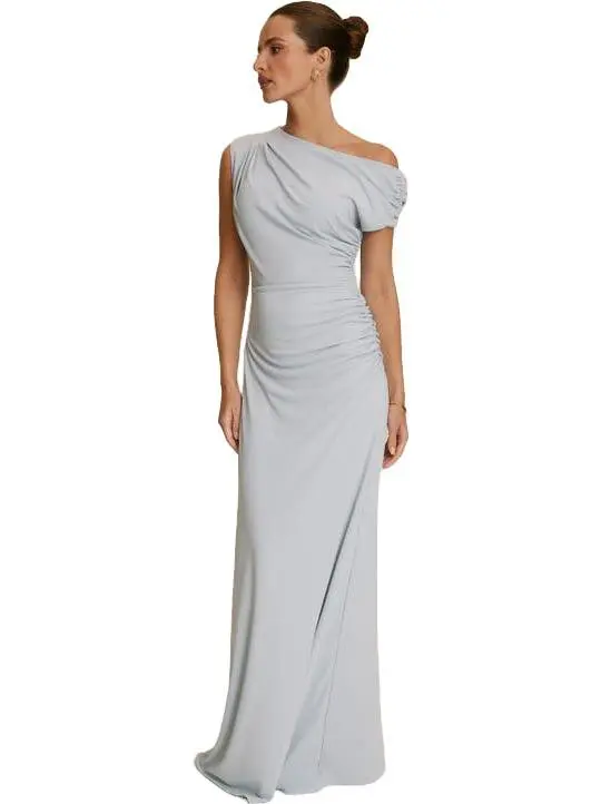 SIX STORIES Slash Neck Draped Bridesmaid Dress - Pale Blue