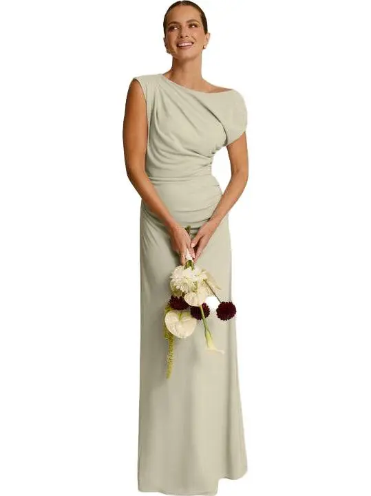 SIX STORIES Slash Neck Draped Bridesmaid Dress - Sage