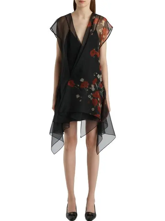 Khaite Merith Floral Silk Organza Handkerchief Hem Dress - Black/red