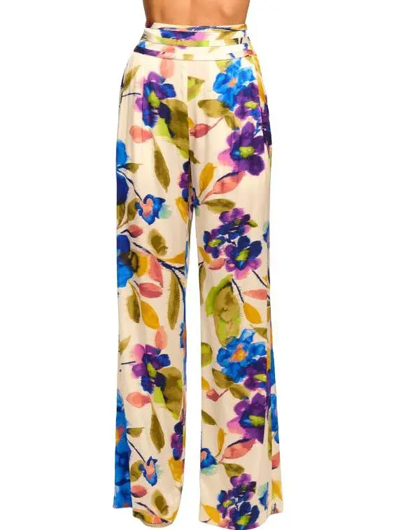 Ramy Brook Joss Floral Print Wide Leg Pants - Ivory Floral Silk