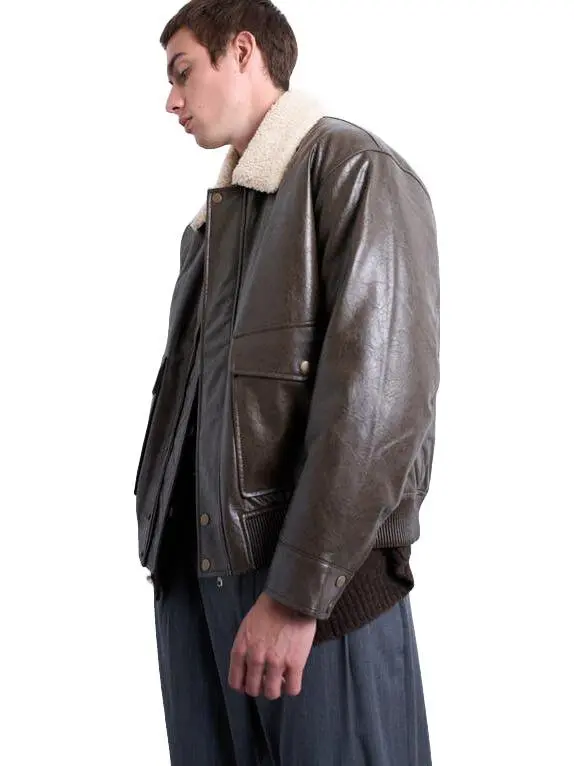 Topman Faux Shearling And Faux Leather Bomber Jacket - Brown