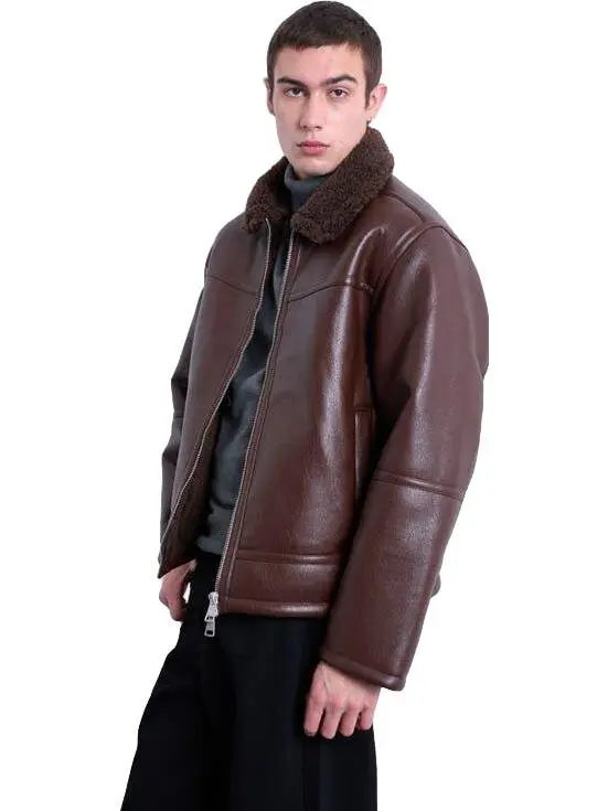 Topman Faux Shearling & Faux Leather Bomber Jacket - Brown