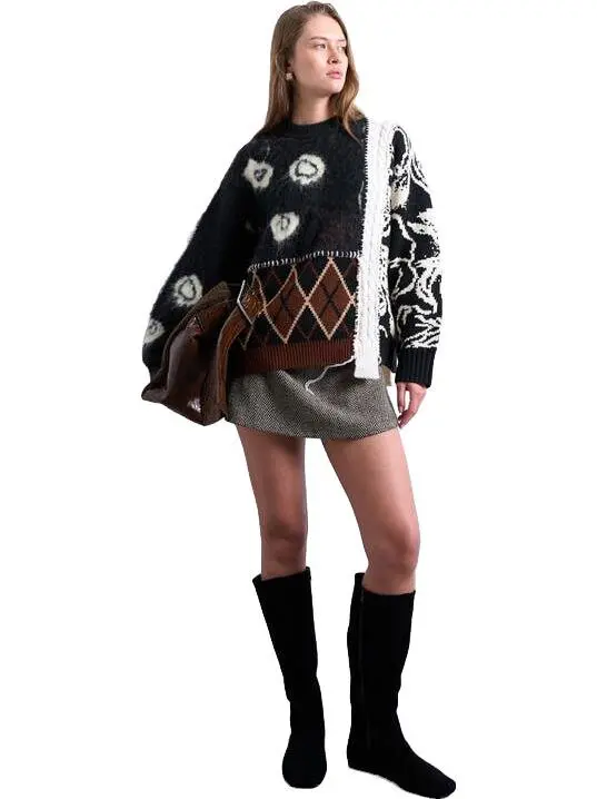 Topshop Patchwork Intarsia & Argyle Sweater - Black