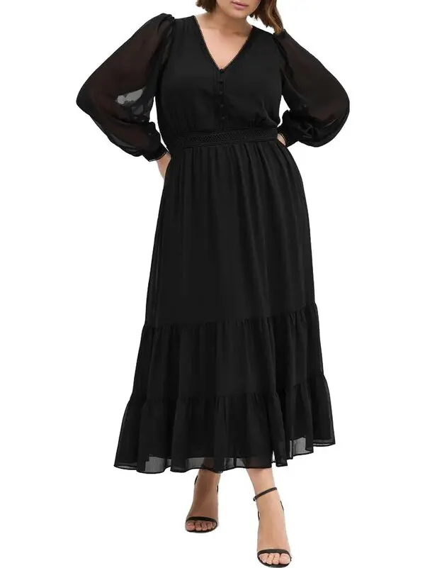 City Chic Kianna Sheer Long Sleeve Maxi Dress - Black