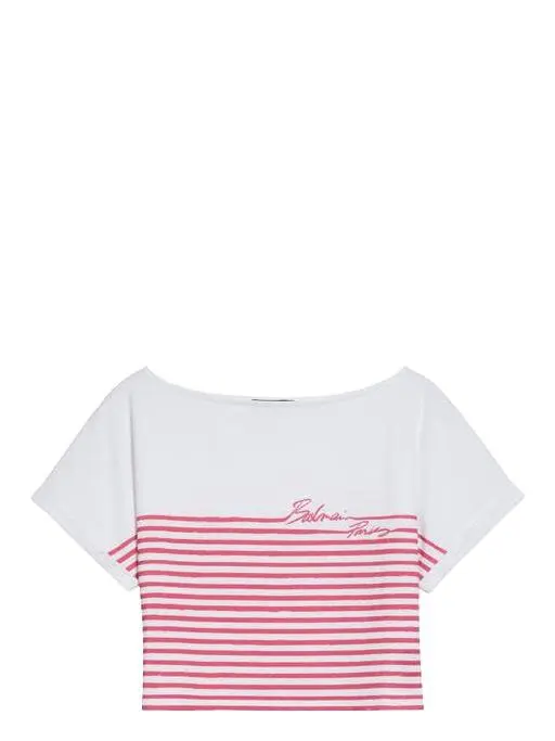 Balmain Marinière Stripe Crop Logo T-shirt - White/fuschia