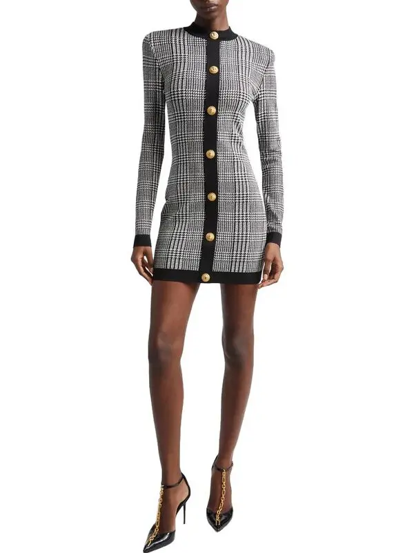 Balmain Prince Of Wales Long Sleeve Sweater Dress - Black/natural