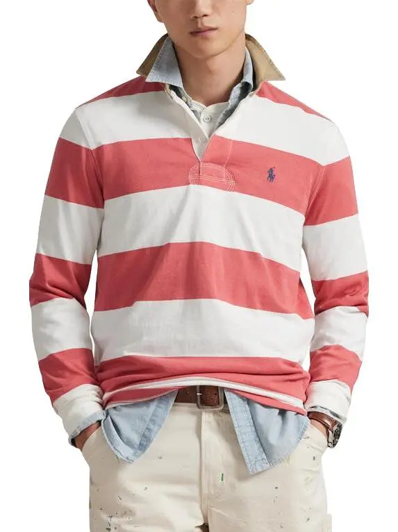 Polo Ralph Lauren Classic Fit Khaki Collar Rugby Shirt - Red Sky/trophy Cream