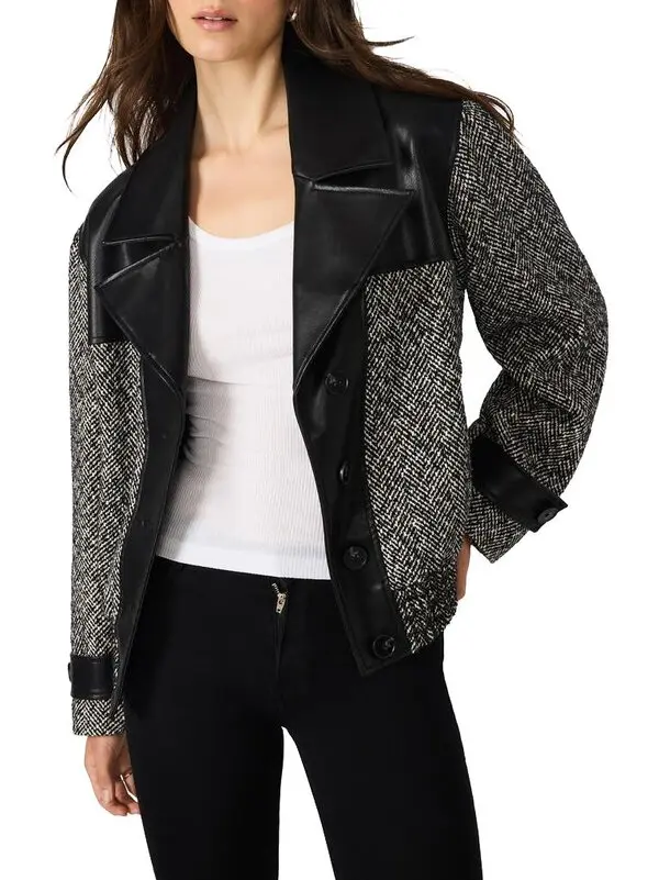 Steve Madden Mercedes Herringbone And Faux Leather Jacket - Black Multi