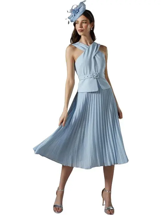 Coast Petite Cross Over Pleated Midi Dress - Light Blue
