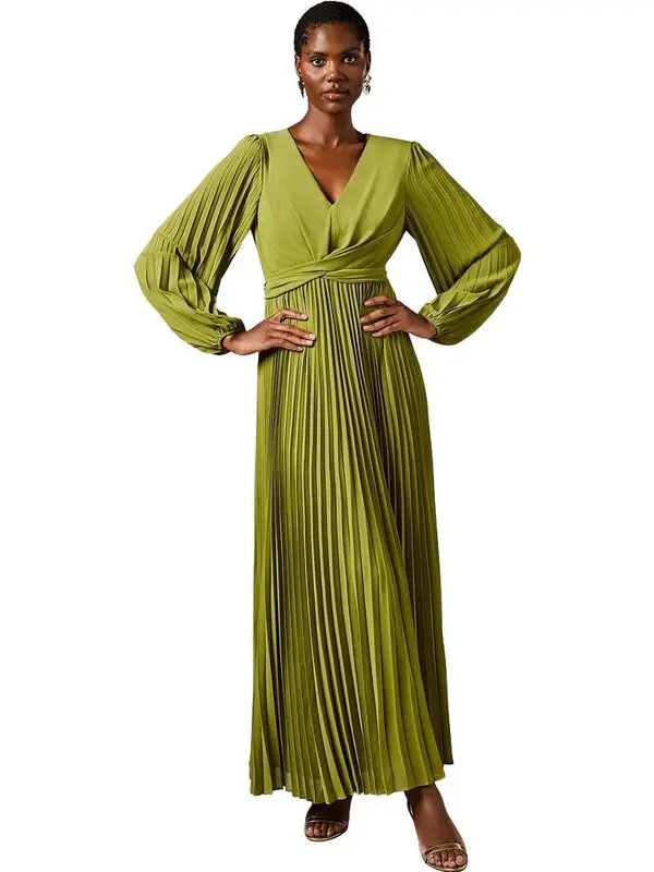 Coast Pleated Wrap Front Maxi Dress With Bishop Sleeves - Olive