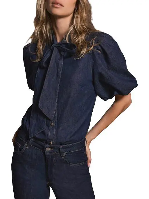 Mint Velvet Puff Sleeve Denim Shirt - Navy