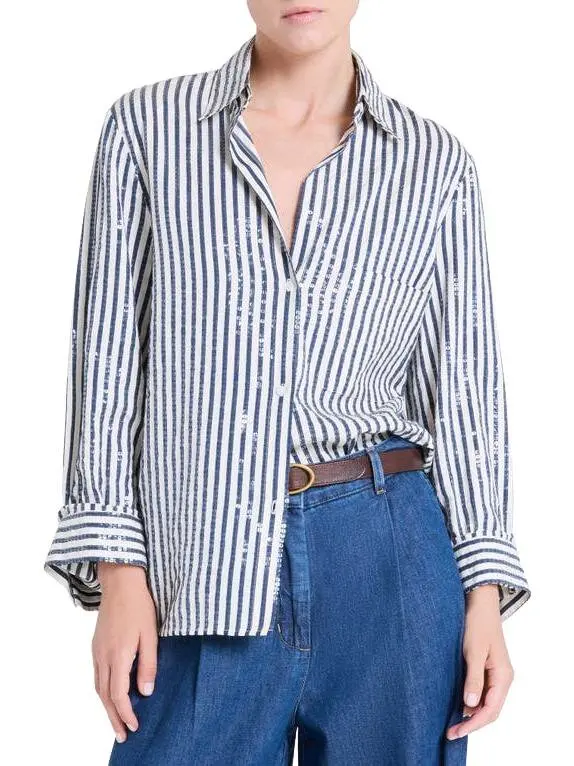 TWP Sequin Striped Button-up Shirt - Indigo/white