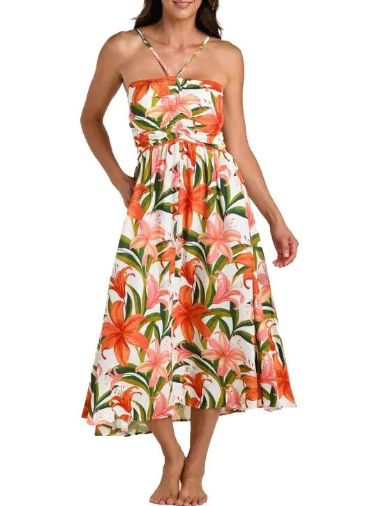La Blanca Jungle Blossoms Lace Trim Midi Dress - Orange Multi