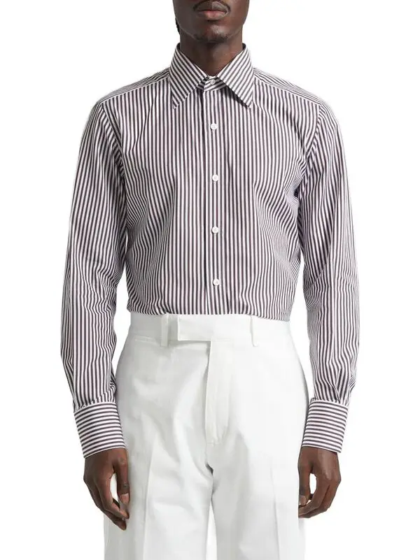 TOM FORD Slim Fit Ladder Stripe Button-up Shirt - White/brown