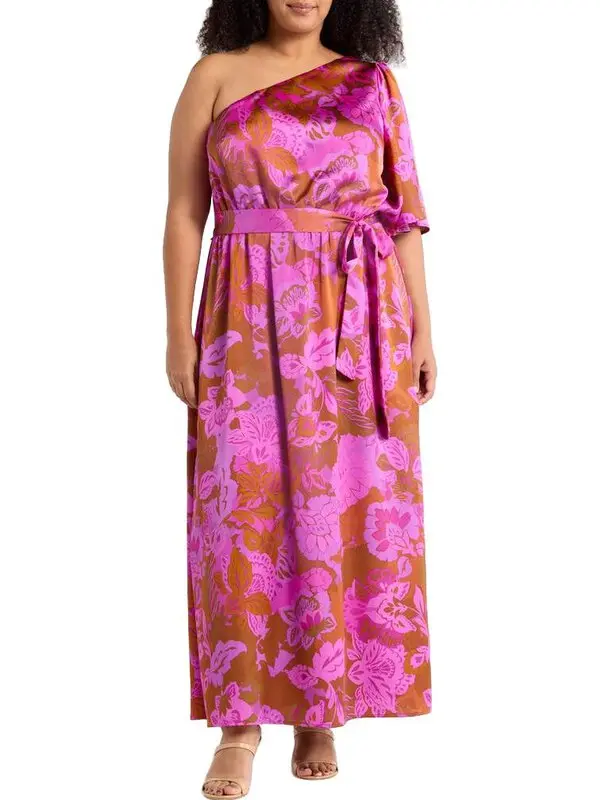 SUGARLIPS Lorian Floral Print One-shoulder Maxi Dress - Rust-magenta