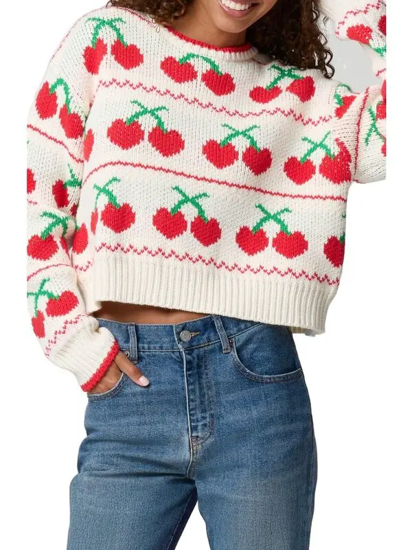 FLORENCE BY MILLS Cherry Print Crewneck Crop Sweater - Jet Stream