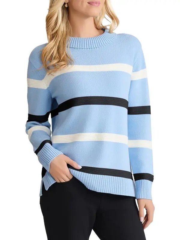 Jones New York Striped Cotton-blend Crewneck Sweater - Chintz Blue Multi