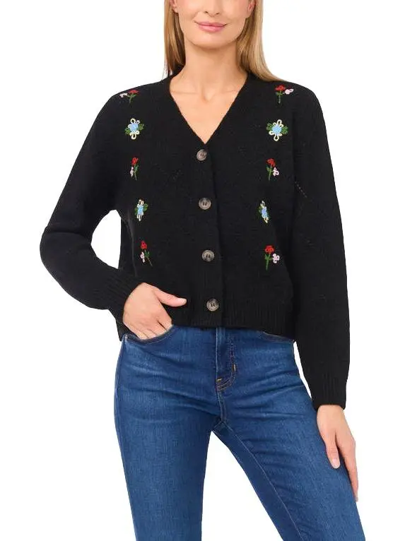CECE DUPRAZ Floral Embroidered Pointelle Stitch Cardigan - Rich Black