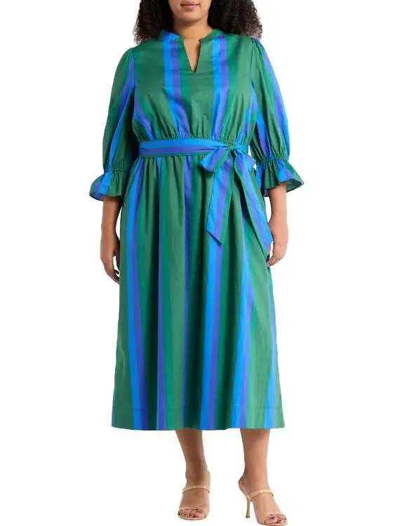 SUGARLIPS Striped Cotton Shirtdress With Puff Sleeves - Emerald-blues
