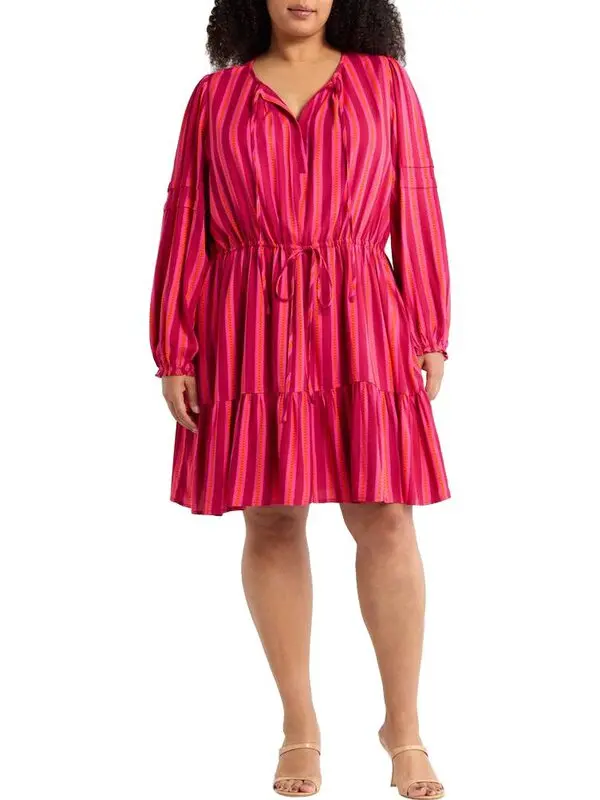SUGARLIPS Clarisa Stripes Lomi Long Sleeve Dress - Fuchsia-orange