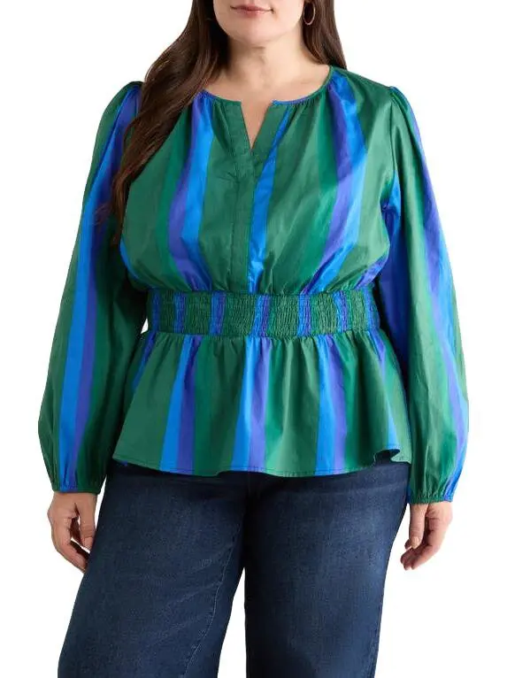 SUGARLIPS Striped Peplum Popover Top - Emerald-blues