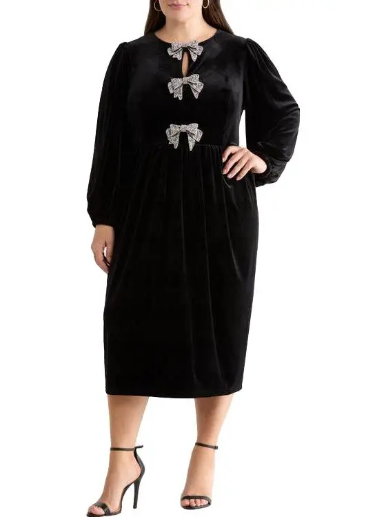 SUGARLIPS Jena Glow Bow Long Sleeve Velvet Midi Dress - Black