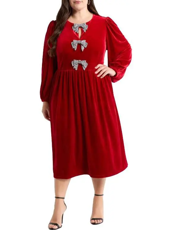 SUGARLIPS Jena Glow Bow Long Sleeve Velvet Midi Dress - Red