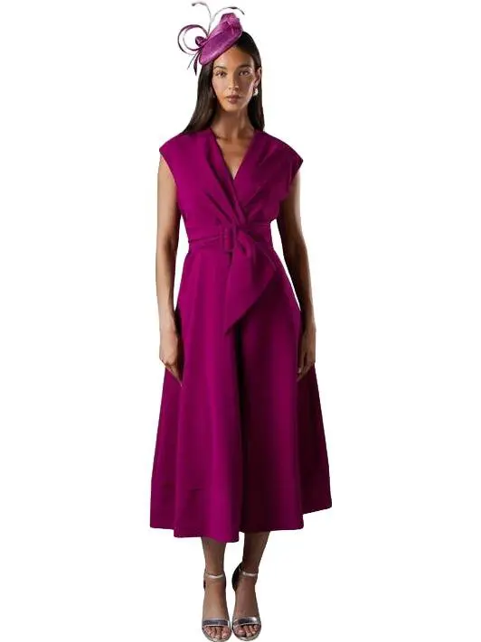 Coast Belted Crepe V-neck Midi Dress - Berry