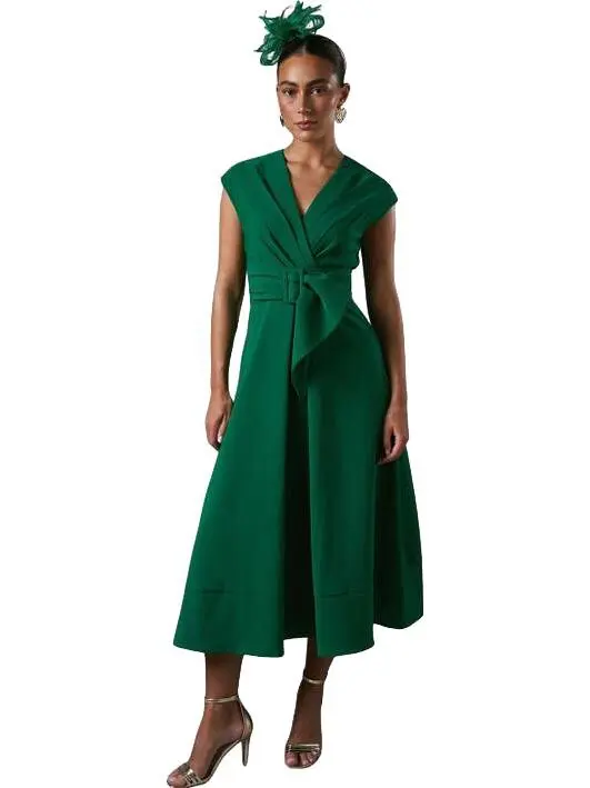 Coast Belted Crepe V-neck Midi Dress - Emerald