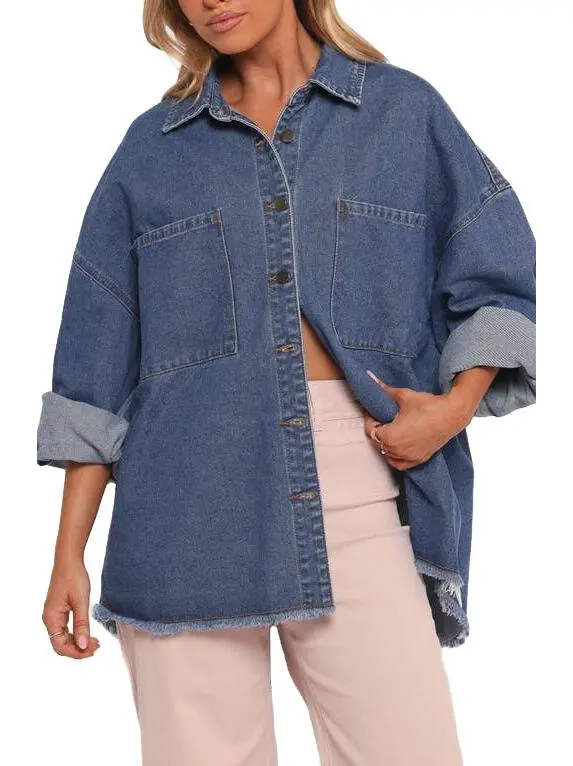 PETAL & PUP Twiggy Oversize Frayed Edge Shacket - Denim