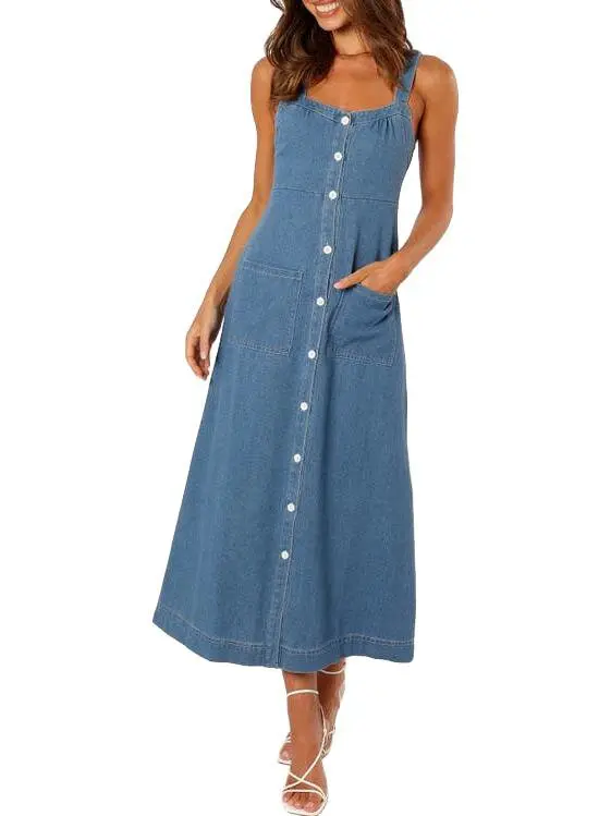 PETAL & PUP Bettie Denim Midi Dress - Mid Blue Denim