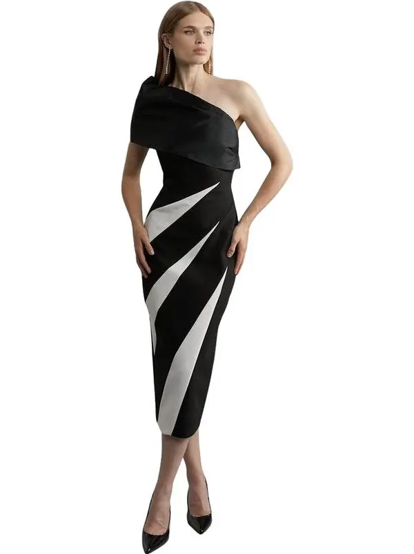 Karen Millen Petite One Shoulder Paneled Midi Dress - Mono