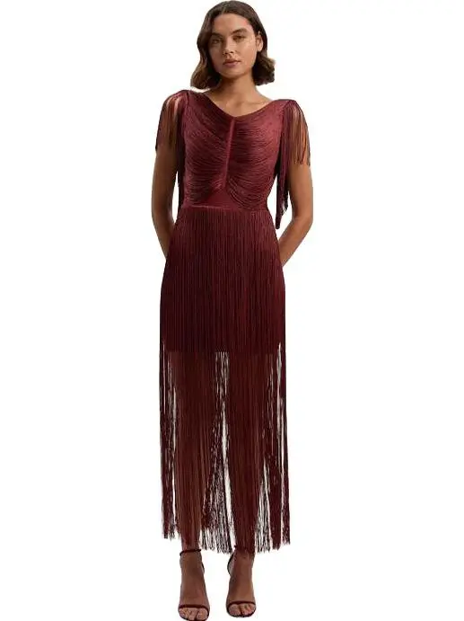 Karen Millen Draped Fringe Maxi Dress - Rich Red