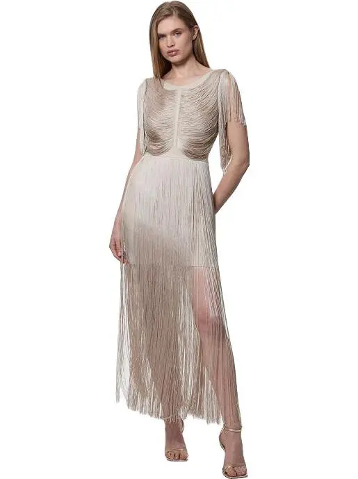 Karen Millen Draped Fringe Maxi Dress - Silver
