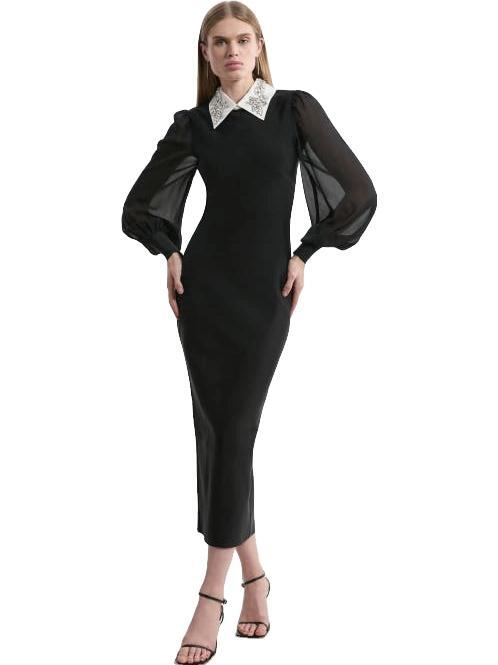 Karen Millen Embellished Collar Sheer Balloon Sleeve Knit Midi Dress - Black