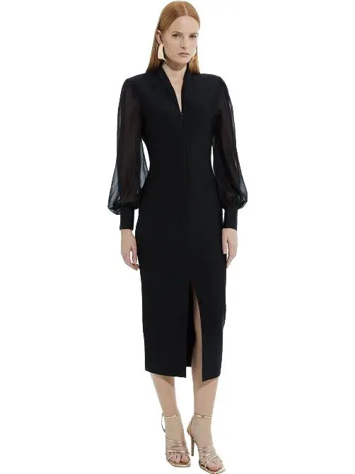 Karen Millen Zip Detail Chiffon Sleeve Knit Dress - Black